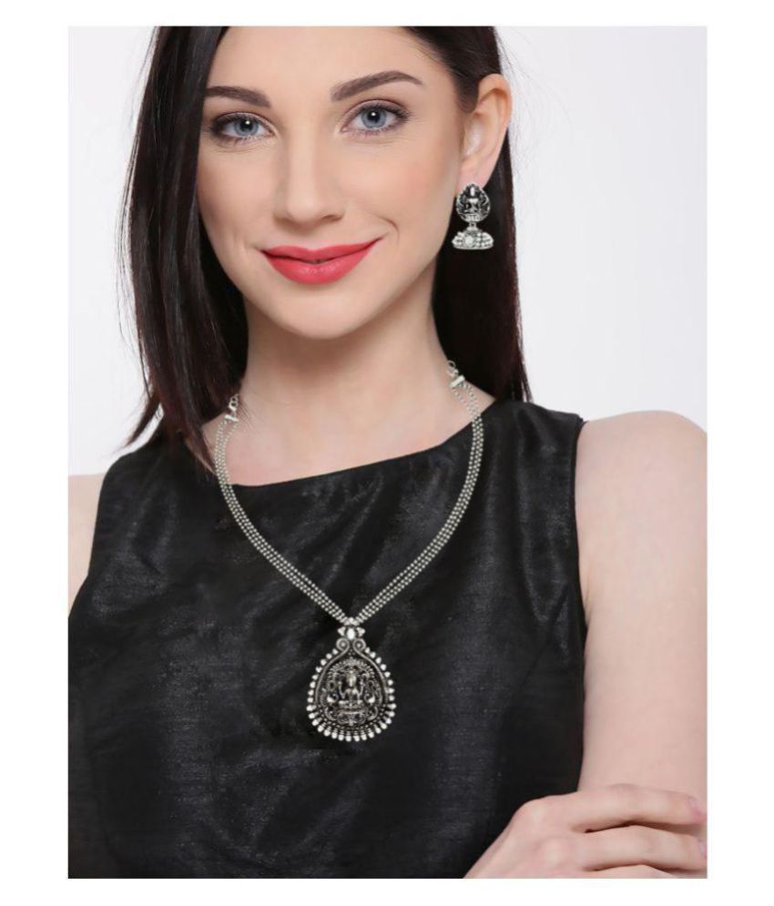 Zaveri Pearls Antique Silver Long Goddess Temple Necklace Set Zpfk6319