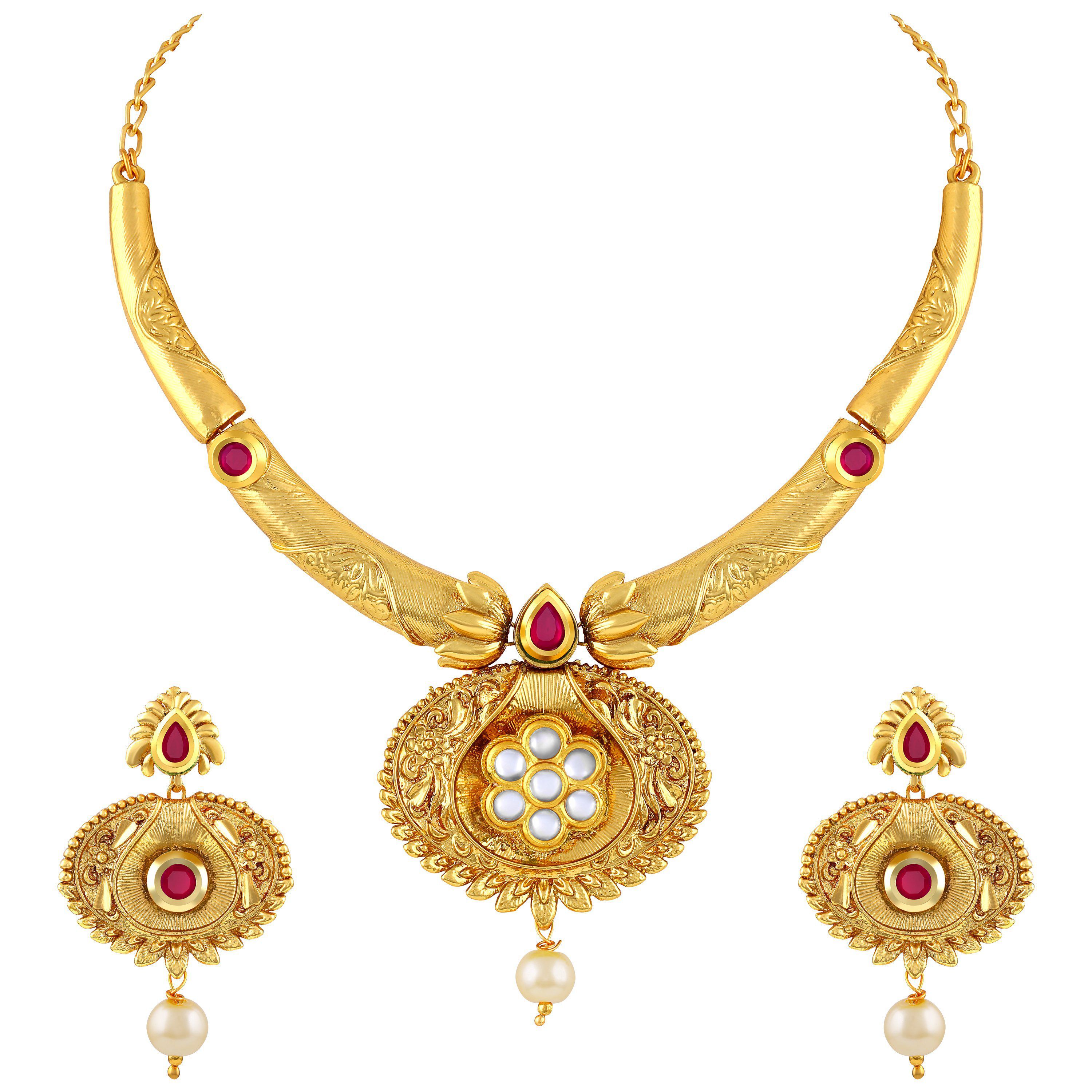 Asmitta Traditional Flower Design Gold Plated Matinee Style Necklace