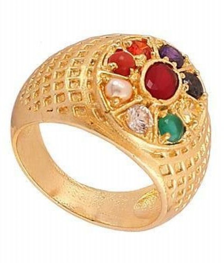 Gold and Rhodium Plated Navratna Ring Round for Men and Women: Buy Gold ...